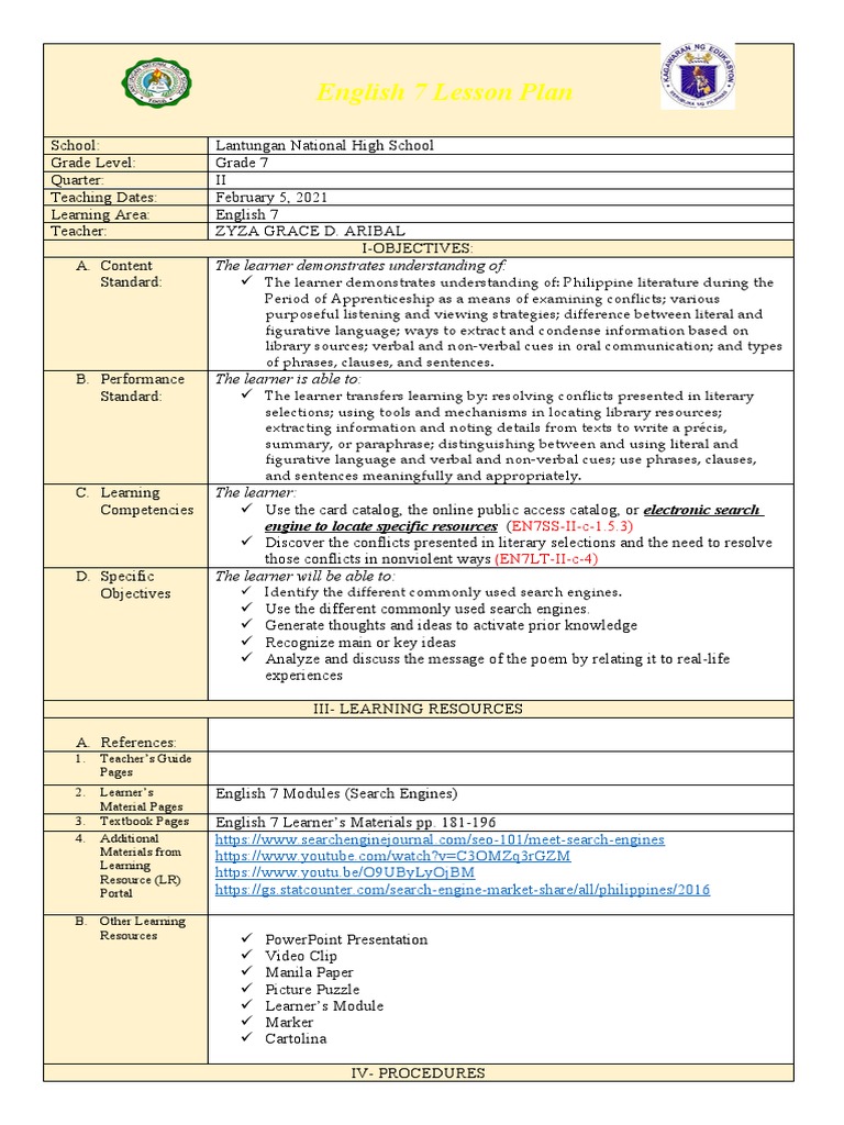 Lesson Plan in Practical English 7 | PDF | Learning | Lesson Plan