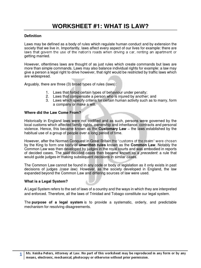 Worksheet No 1 - What Is Law | PDF | Precedent | Statutory Interpretation