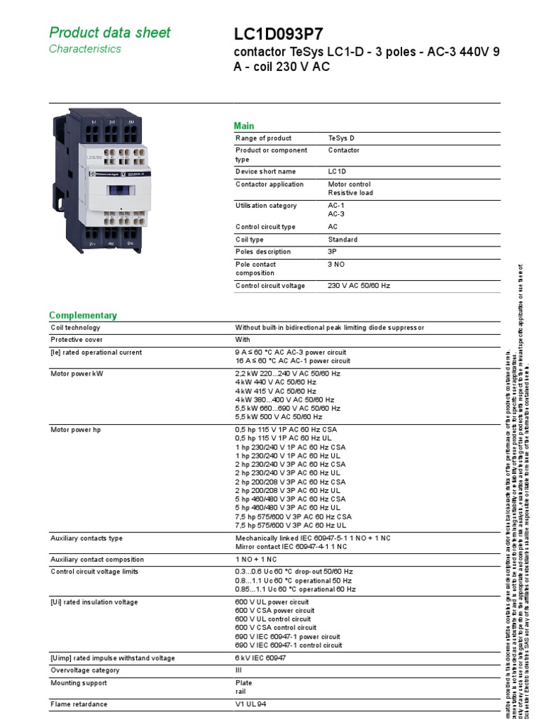 LC1D09 Contactor Technical Datasheet | PDF | Alternating Current ...
