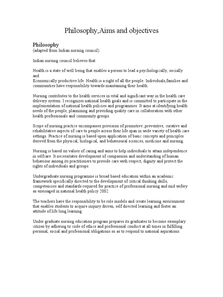 Nursing Philosophy and Objectives | PDF | Nursing | Health Care