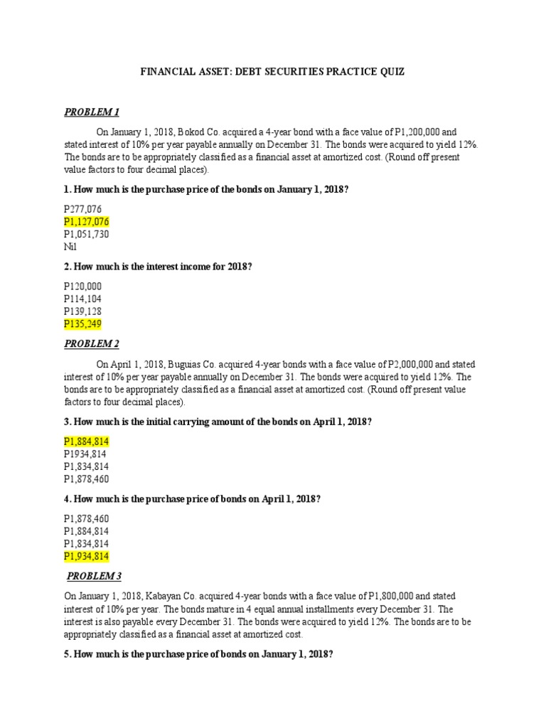 Financial Asset Debt Securities Practice Quiz | PDF | Bonds (Finance ...
