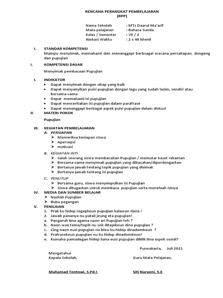 RPP Bahasa Sunda Kelas 7 Semester 2 | PDF
