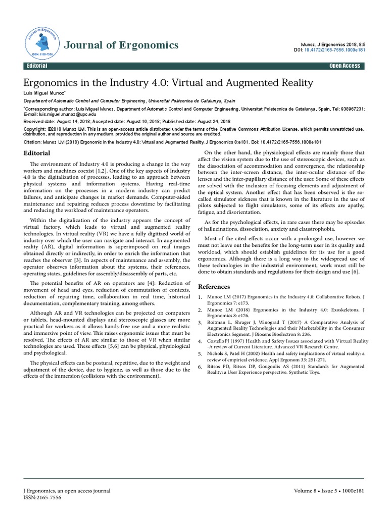 Journal of Ergonomics: Ergonomics in The Industry 4.0: Virtual and ...