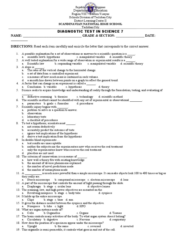 Grade 7 Science Diagnostic Test | PDF | Earth | Apsis