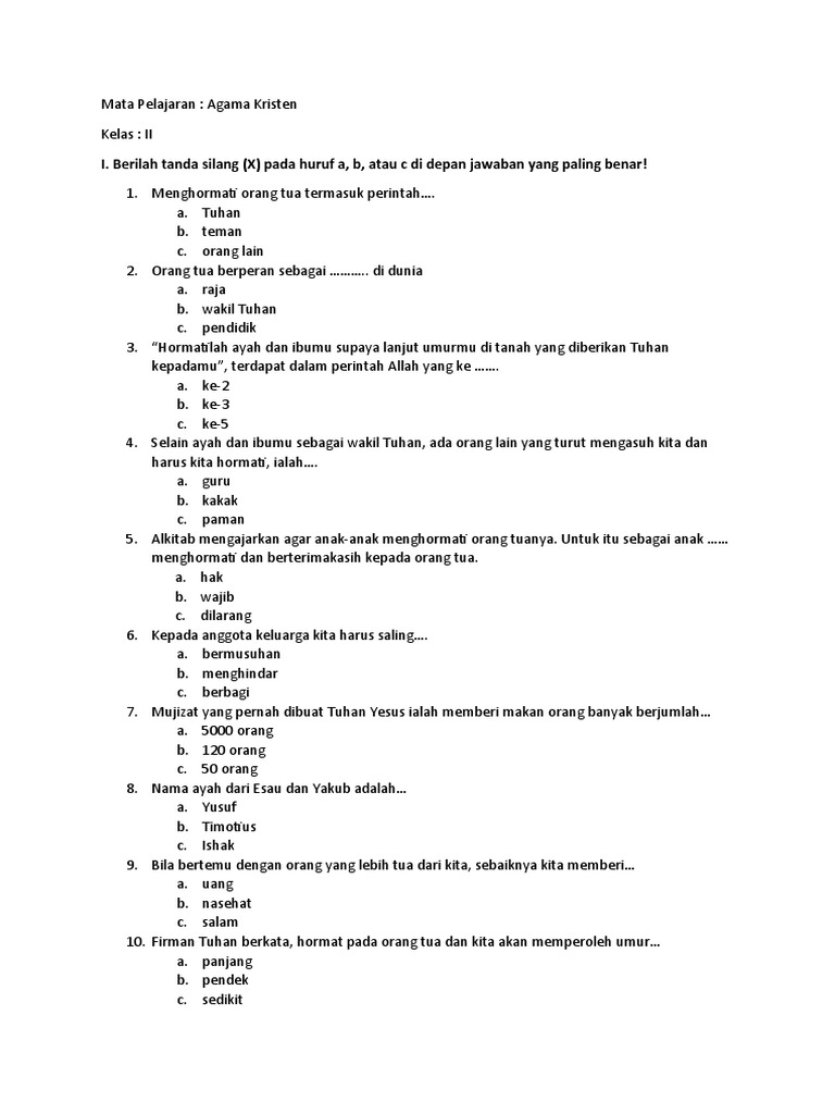 Ujian Agama Kristen Kelas 2 | PDF