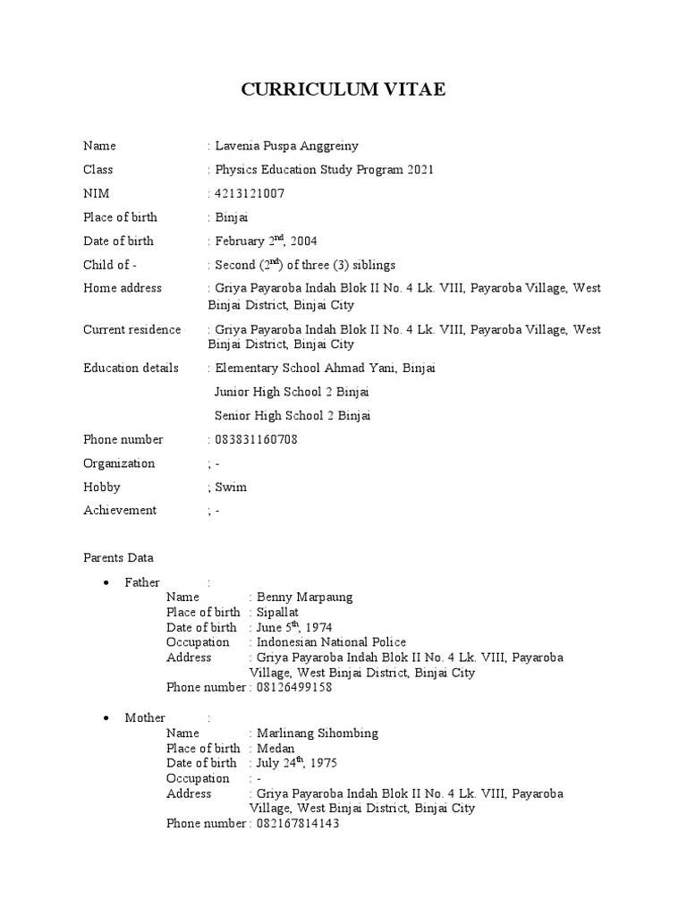 00 - B Contoh. CV. CULUM - VITAE | PDF | Childhood | Human Life Stages
