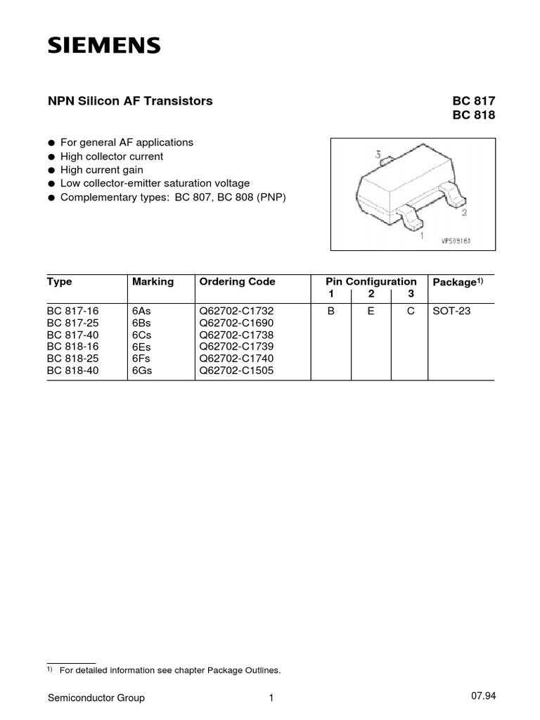 NPN Silicon AF Transistors BC 817 BC 818: Type Ordering Code Marking ...
