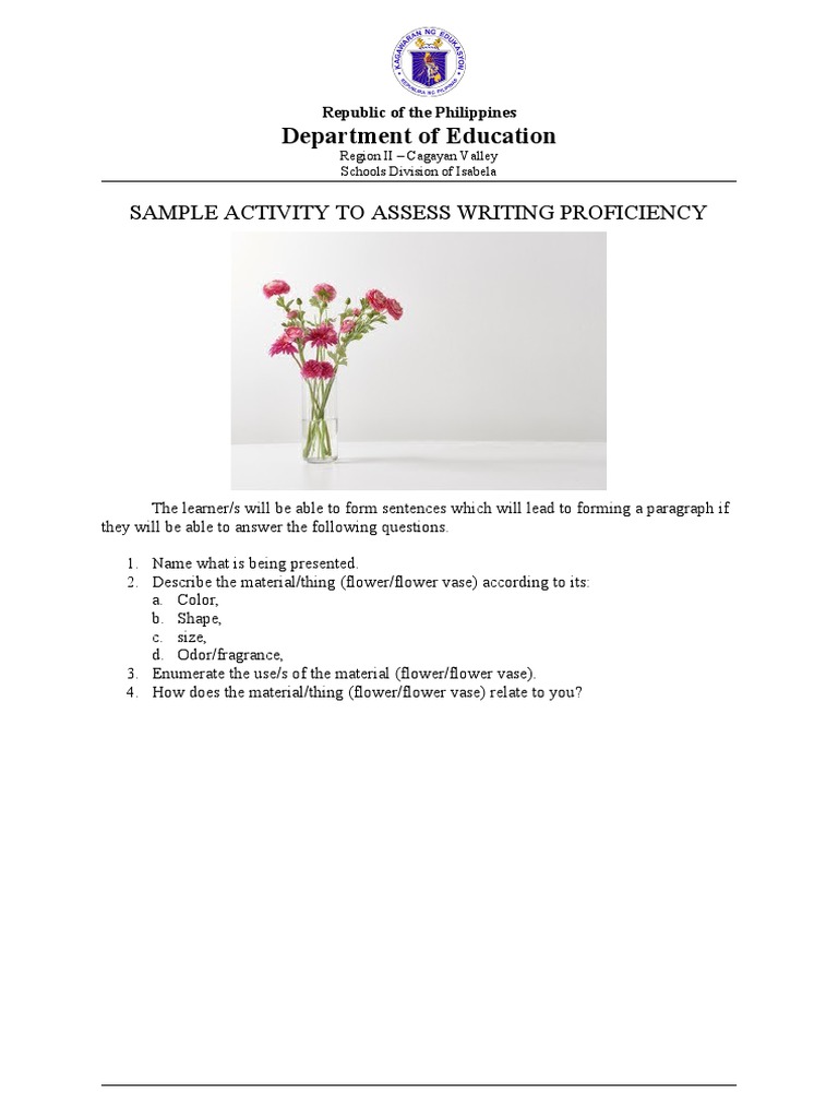 Department of Education: Sample Activity To Assess Writing Proficiency ...