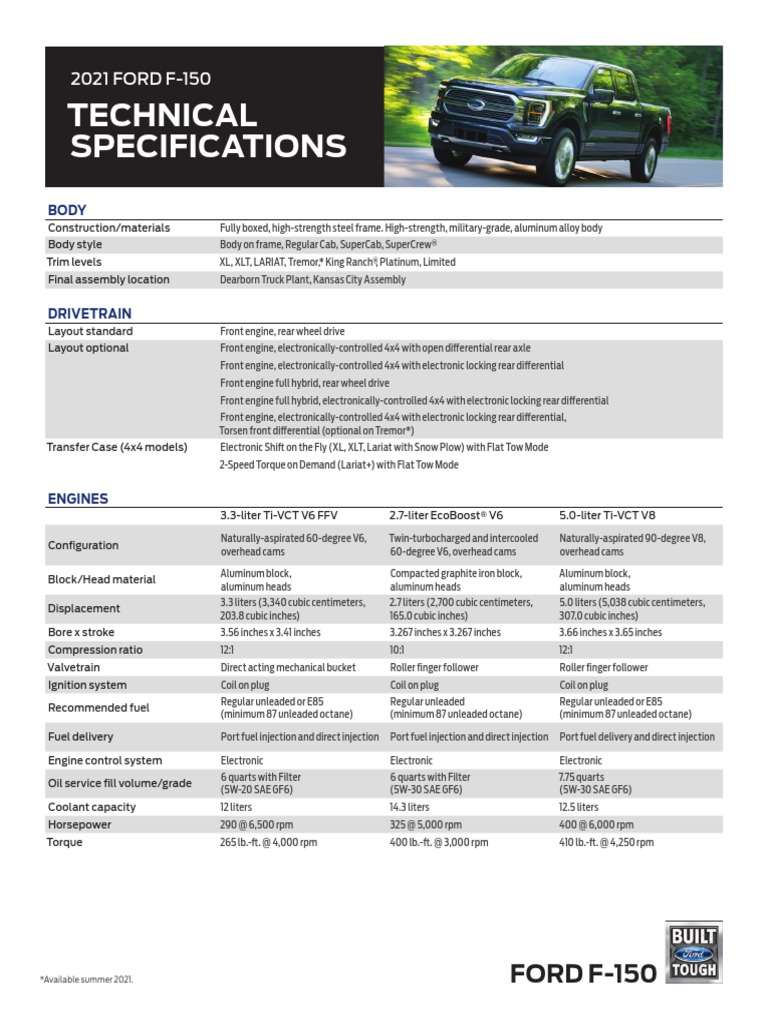 Technical Specifications: 2021 FORD F-150 | PDF | Transport | Motor Vehicle