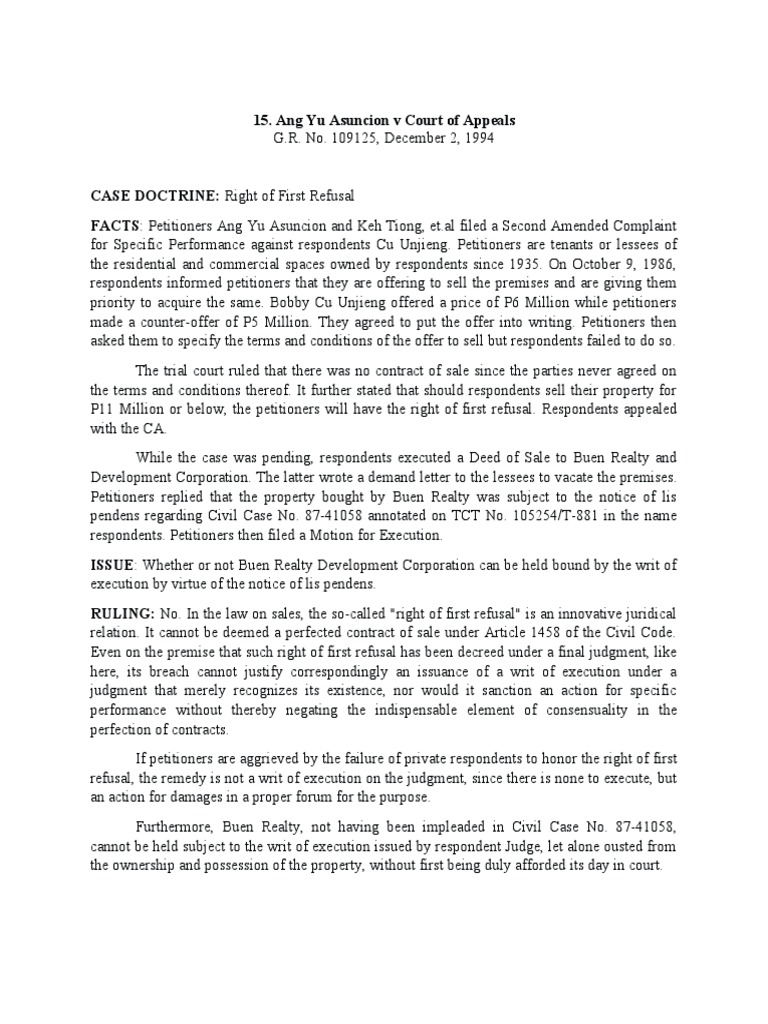 15 Right of First Refusal | PDF | Lawsuit | Judgment (Law)