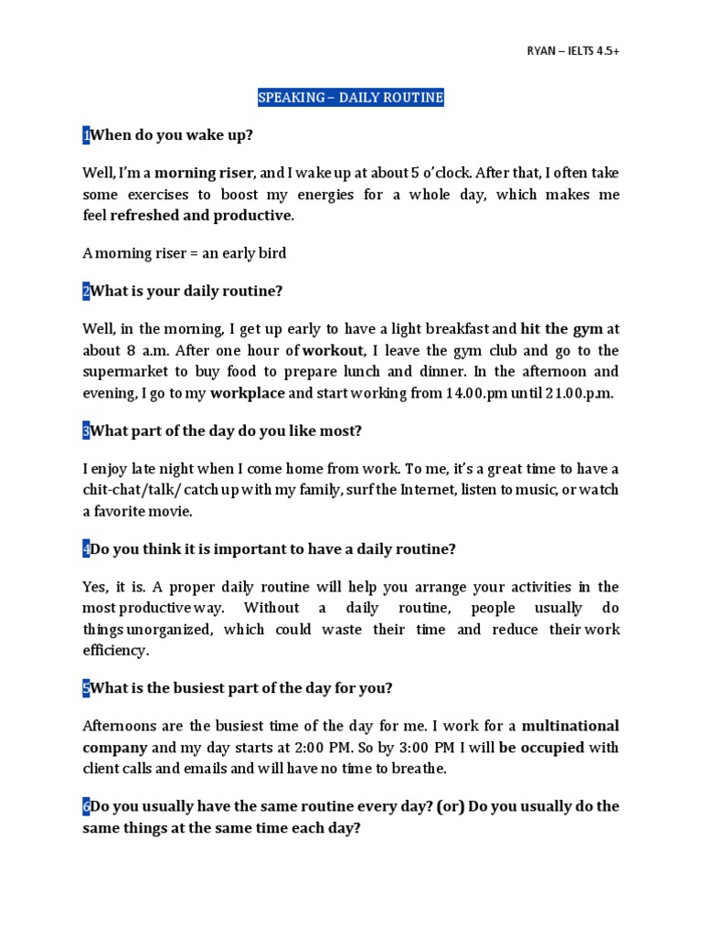 IELTS Speaking: Daily Routine Insights | PDF | Lifestyle