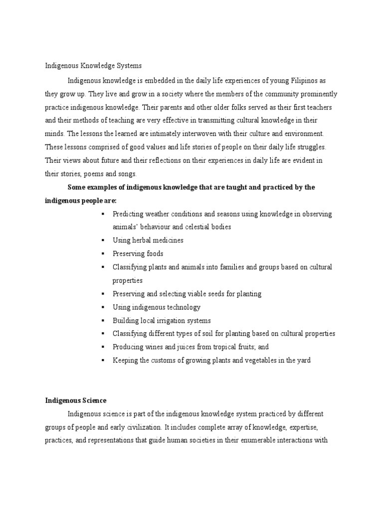 Some Examples of Indigenous Knowledge That Are Taught and Practiced by ...