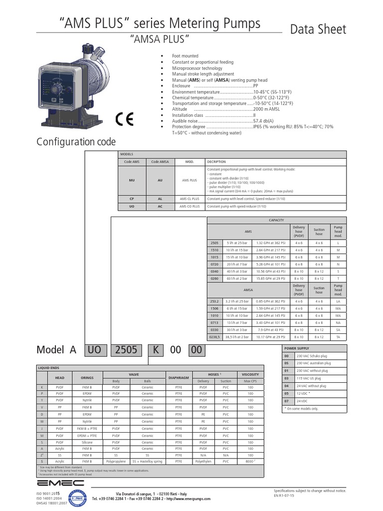 "AMS PLUS" Series Metering Pumps: Data Sheet | PDF | Pump ...