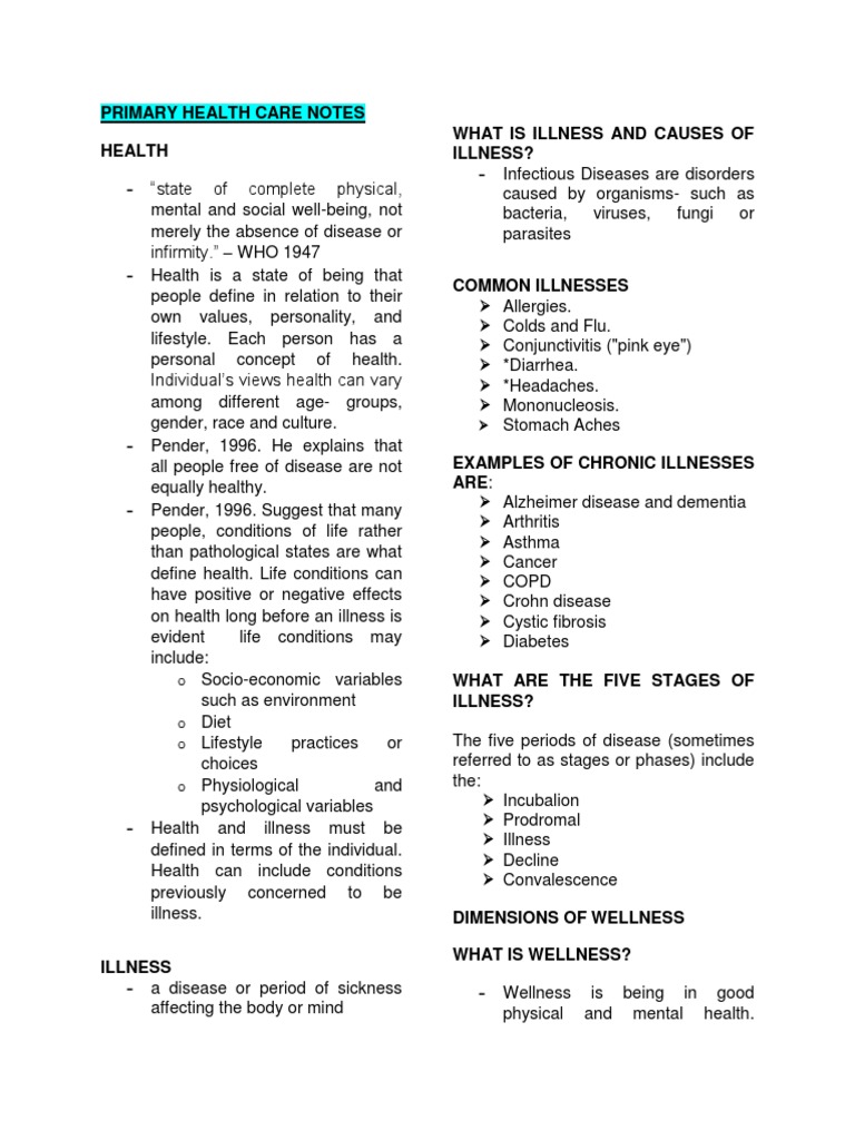 Primary Health Care Notes Health What Is Illness and Causes of Illness ...