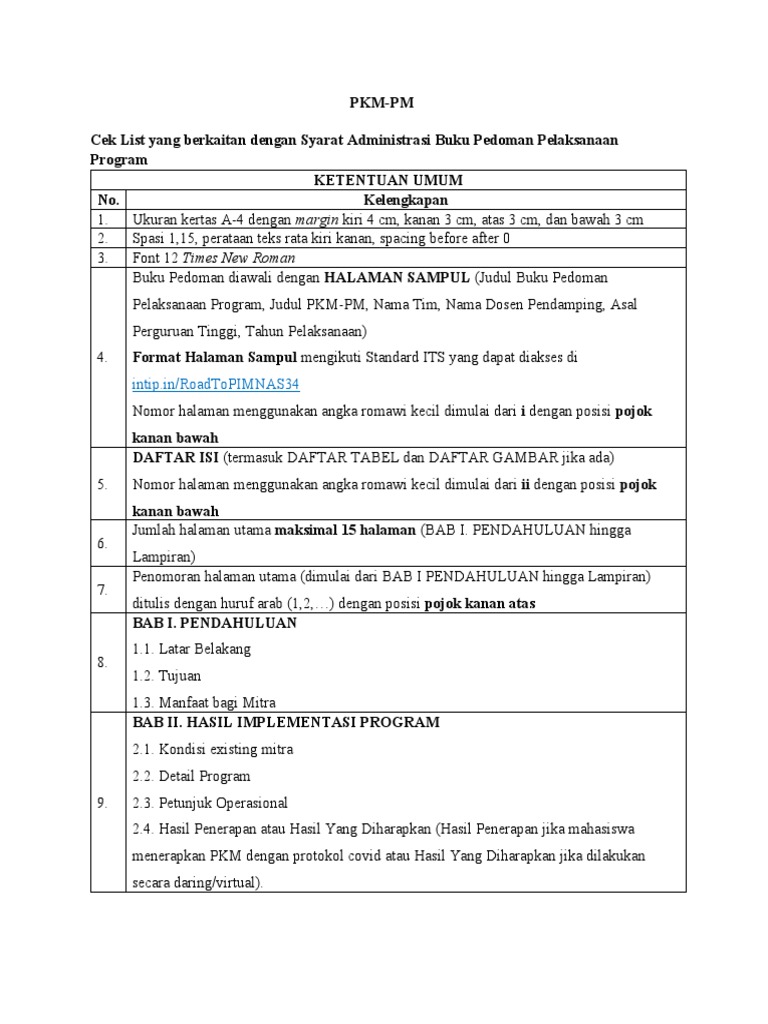 Cek List Format Buku Pedoman PKM PM Pi Ki 2021 | PDF