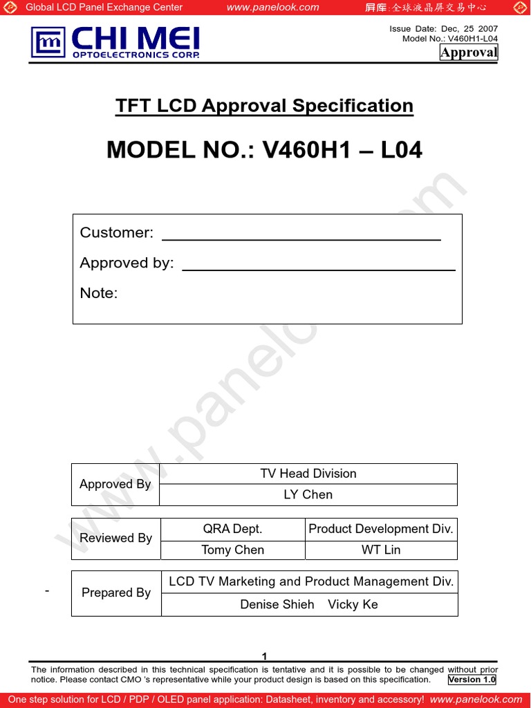 MODEL NO.: V460H1 - L04: TFT LCD Approval Specification | PDF | Liquid ...