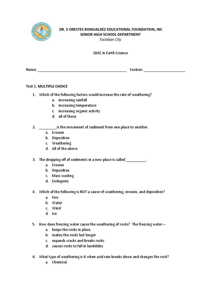 Quiz 1 Geologic Process-1 | PDF | Erosion | Weathering