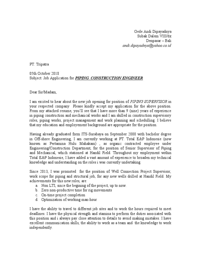 COVER Letter For PIPING CONSTRUCTION ENGINEER TRIPATRA | PDF | Employment | Cognition
