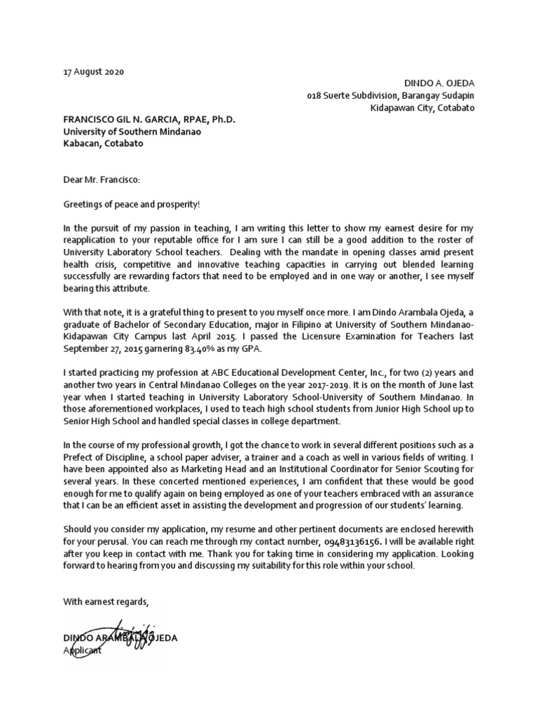 Reapplication Letter For Usm | PDF | Teachers