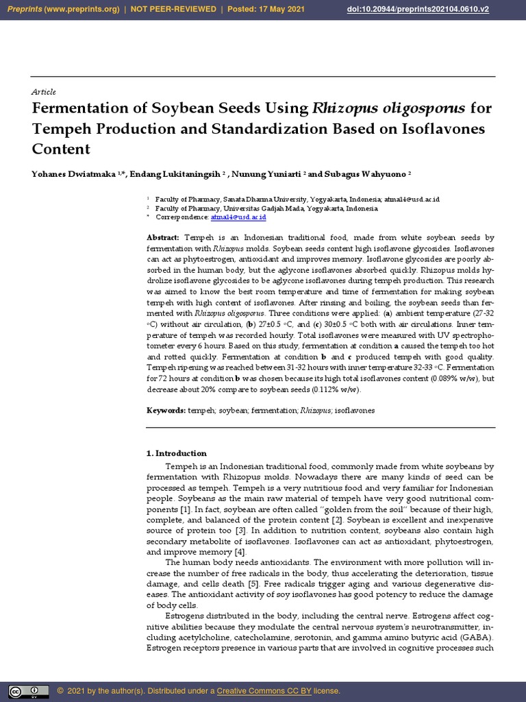 Fermentation of Soybean Seeds Using Rhizopus Oligosporus For Tempeh Production and ...