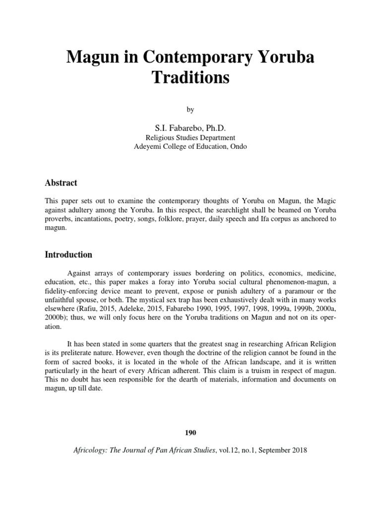 Magun in Contemporary Yoruba Traditions: S.I. Fabarebo, PH.D | PDF ...