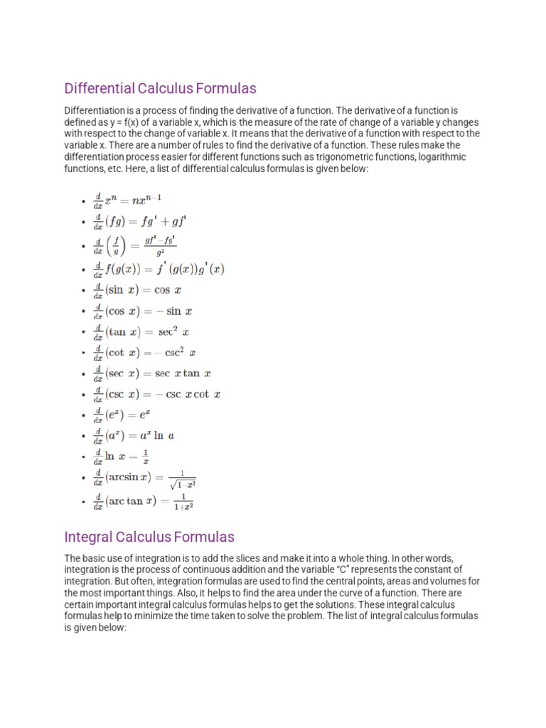Differential Calculus Formulas | PDF