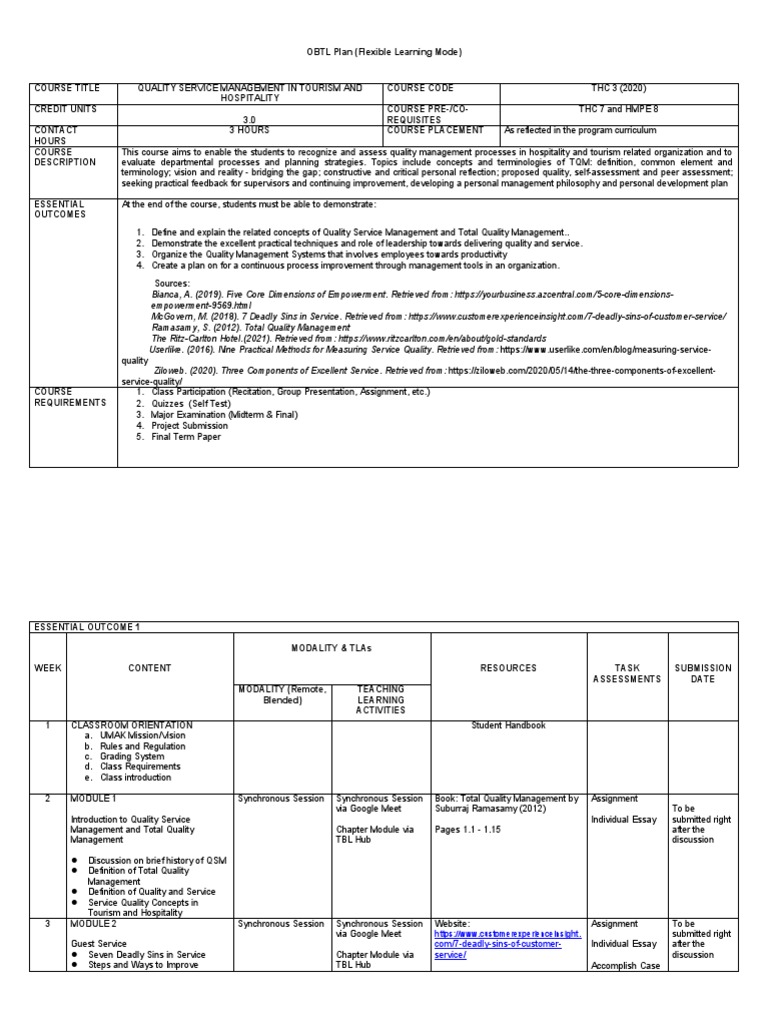 Quality Service Management Course Overview | PDF | Quality Management ...