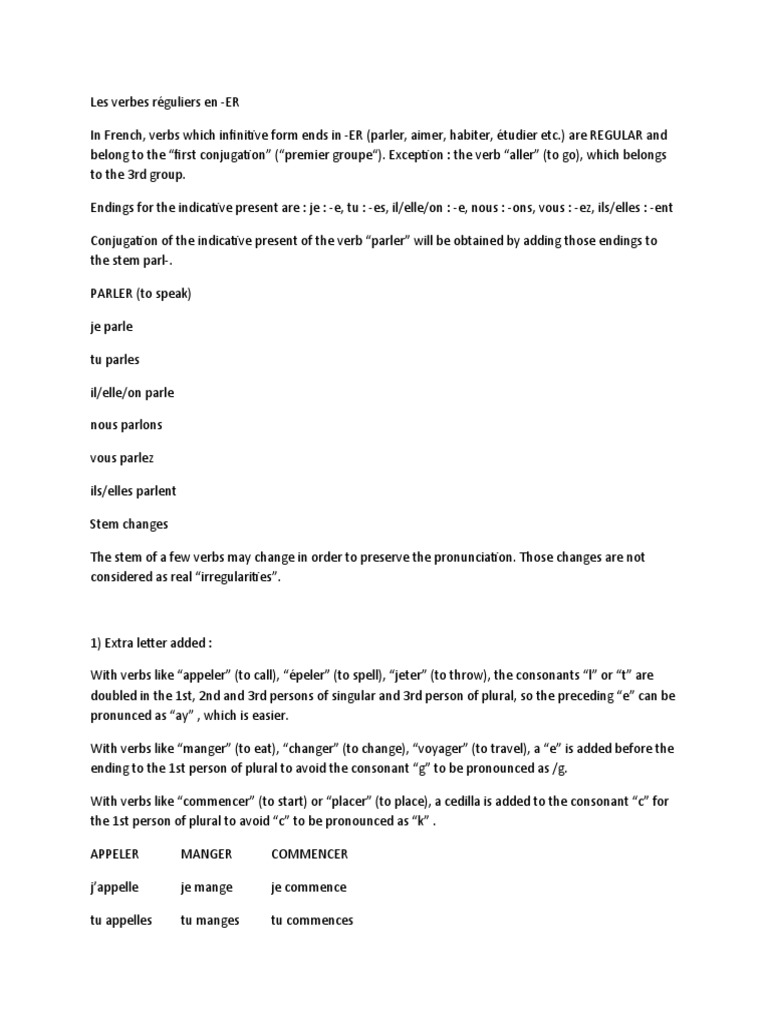 Conjugation of Regular -ER Verbs in French | PDF | Grammatical ...