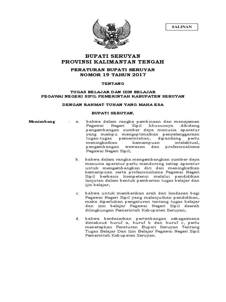 Perbup Seruyan No 19 Tahun 2917 TTG Tugas Belajar Dan Izin Belajar PNS | PDF