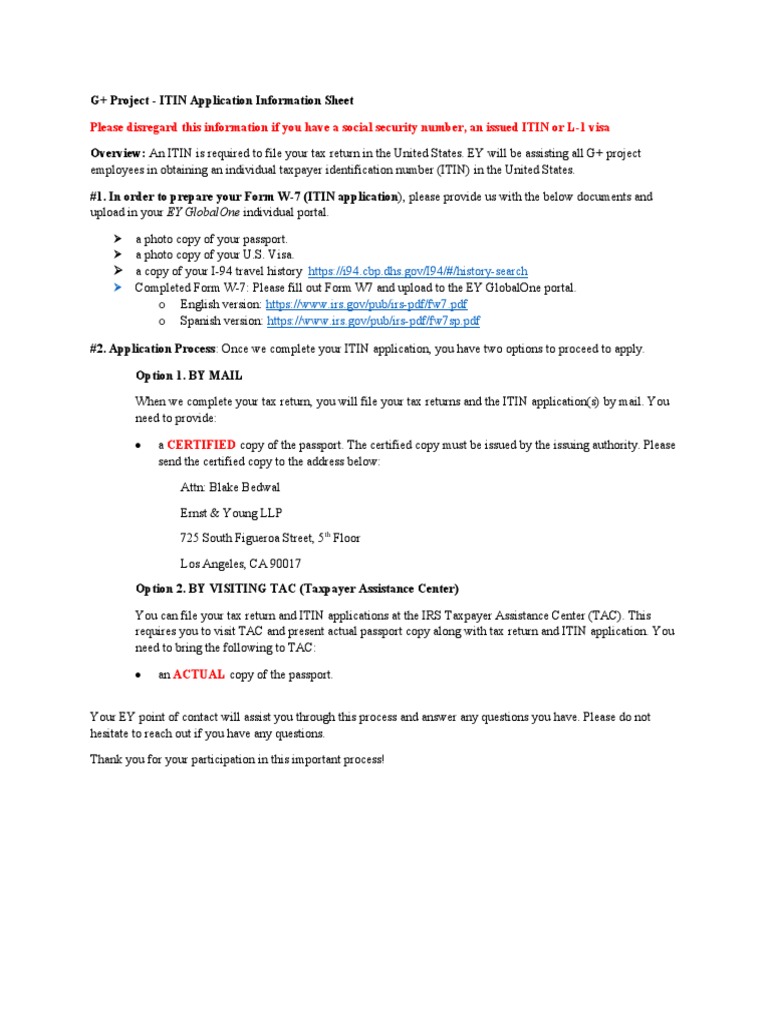 G+ Project - ITIN Application Information Sheet | PDF
