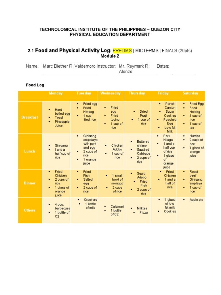 Food and Physical Activity Log: Technological Institute of The ...