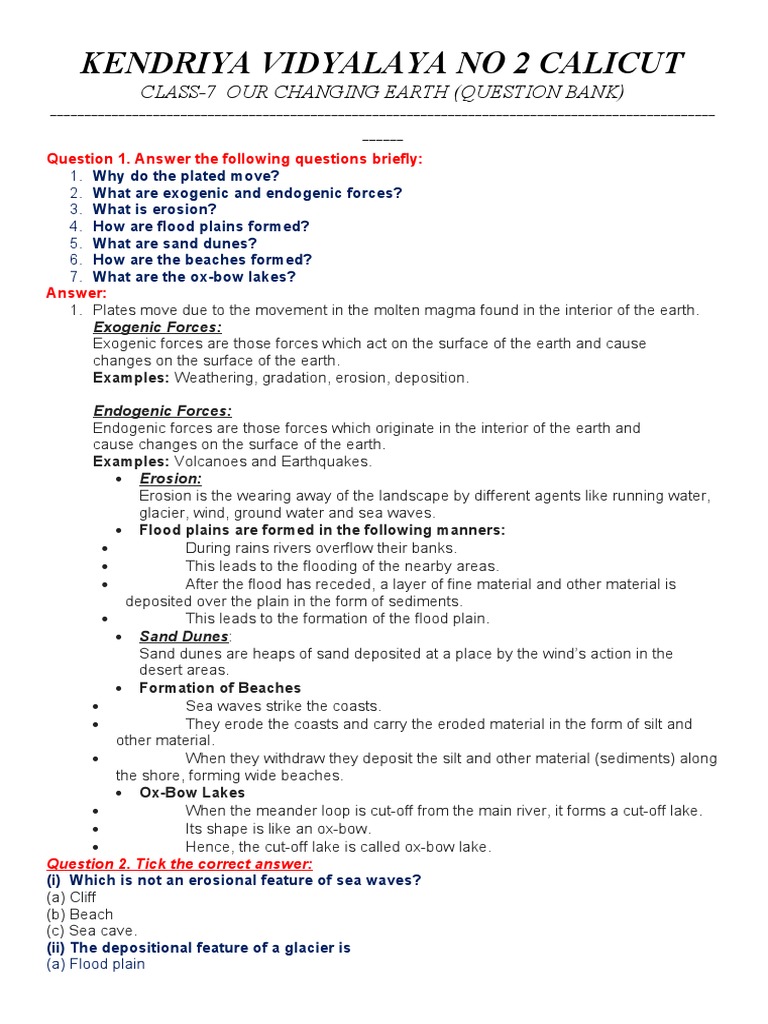 Class 7 Our Changing Earth Question Bank | PDF | Erosion | Beach