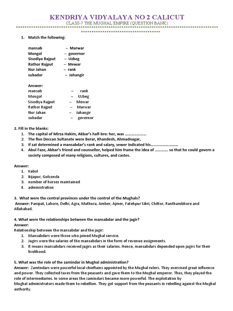 Class 7 The Mughal Empire (Question Bank) | PDF | Mughal Empire