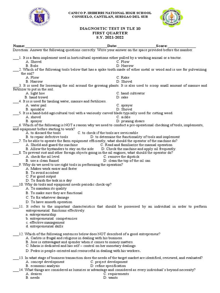 Diagnostic Test TLE 10 | PDF | Agriculture | Entrepreneurship