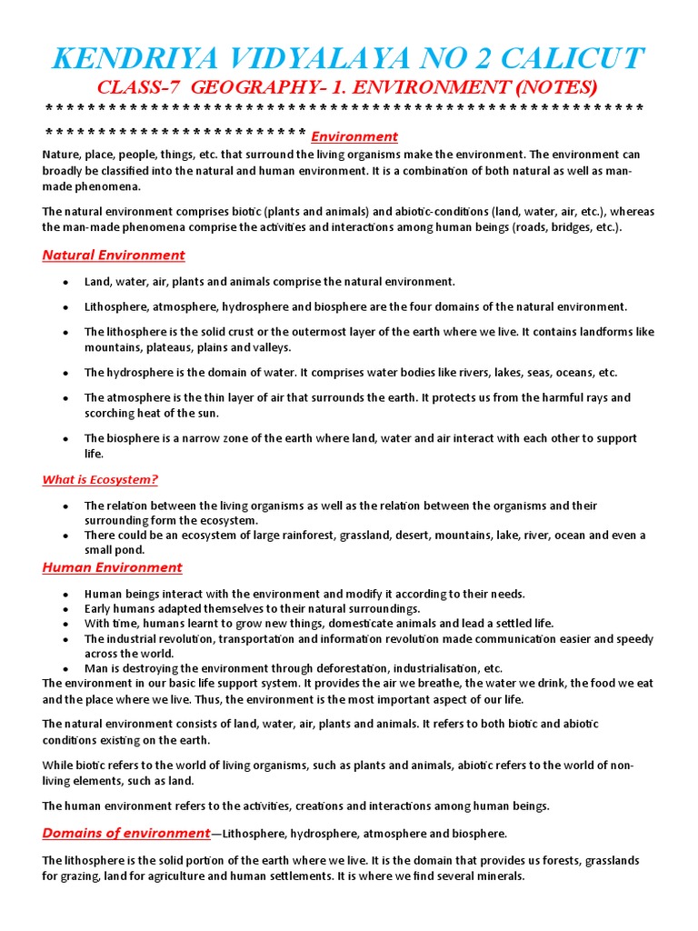Kendriya Vidyalaya No 2 Calicut: Class-7 Geography-1. Environment ...