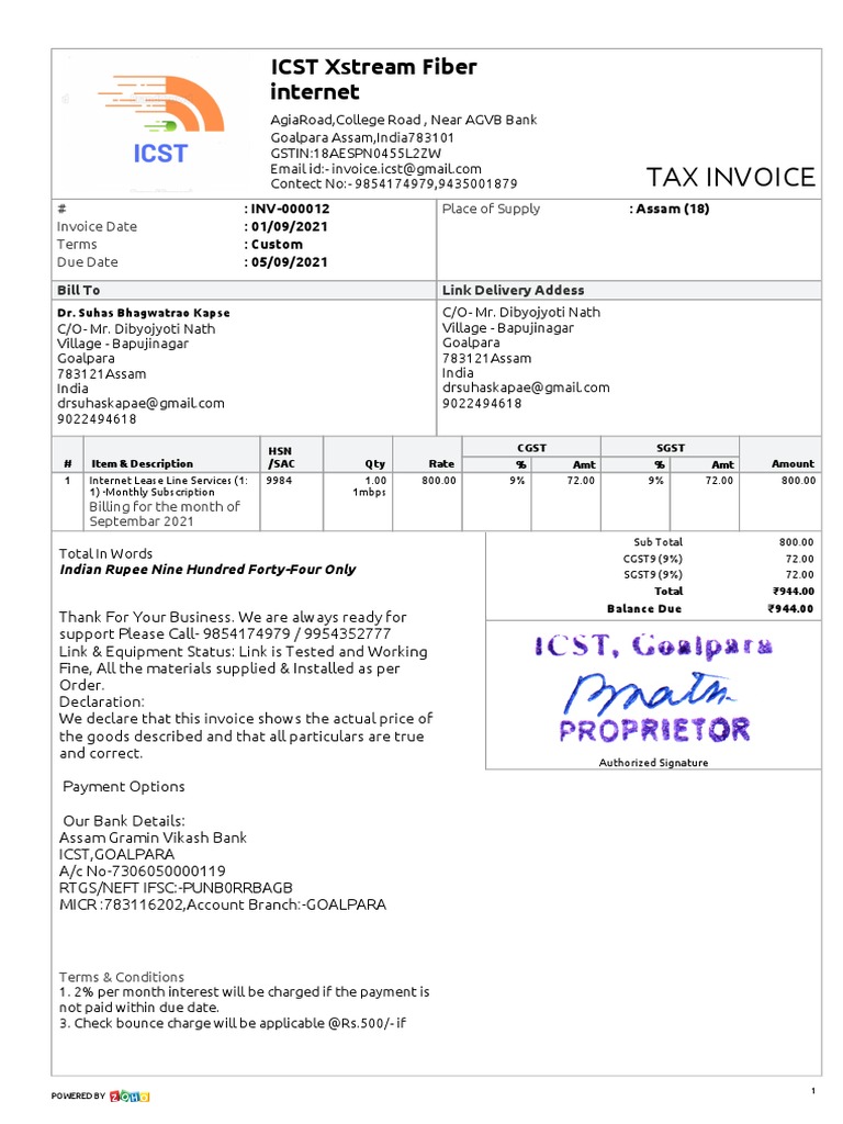 Tax Invoice: ICST Xstream Fiber Internet | PDF | Cheque | Payments