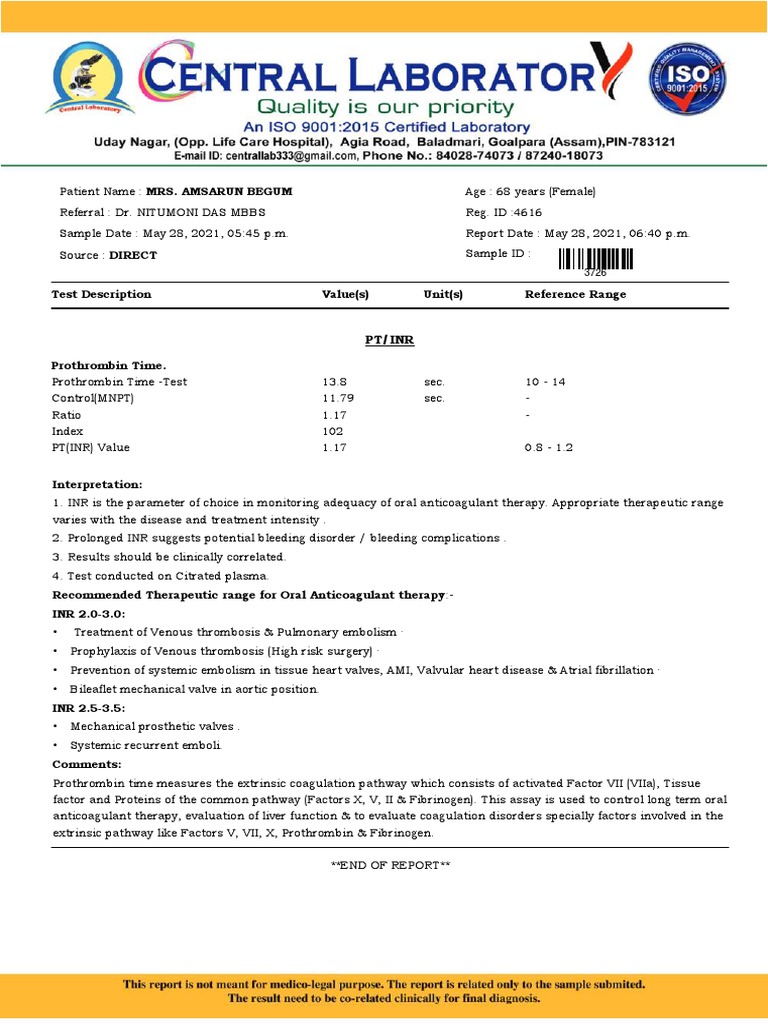 Patient Prothrombin Time Test Results and INR Level | PDF | Clinical ...