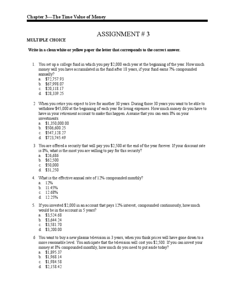 Assignment # 3: Chapter 3-The Time Value of Money | PDF | Present Value | Discounting