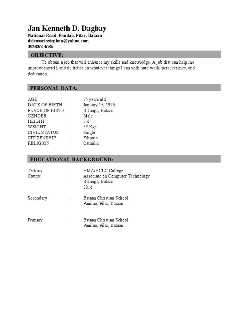 Jan Kenneth D. Dagbay: Objective | PDF