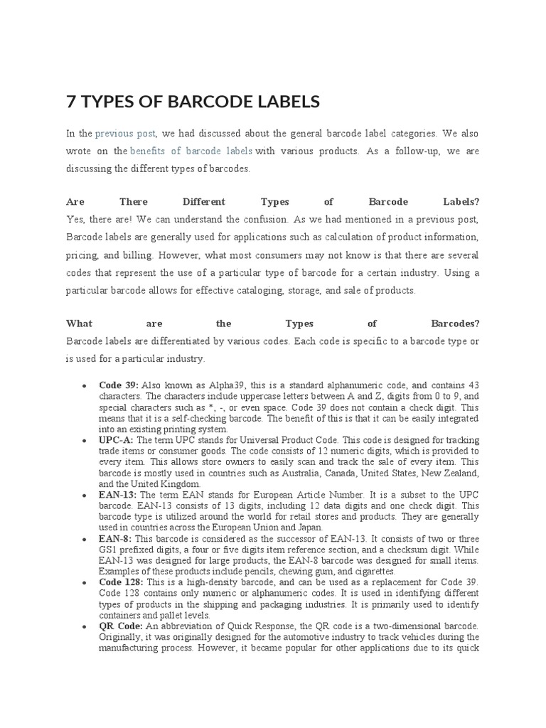 7 Types of Barcode Labels | PDF | Barcode | Universal Product Code