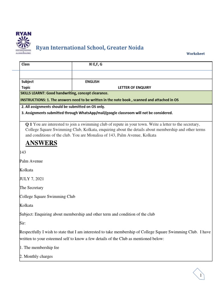 Ryan International School, Greater Noida: Answers | PDF