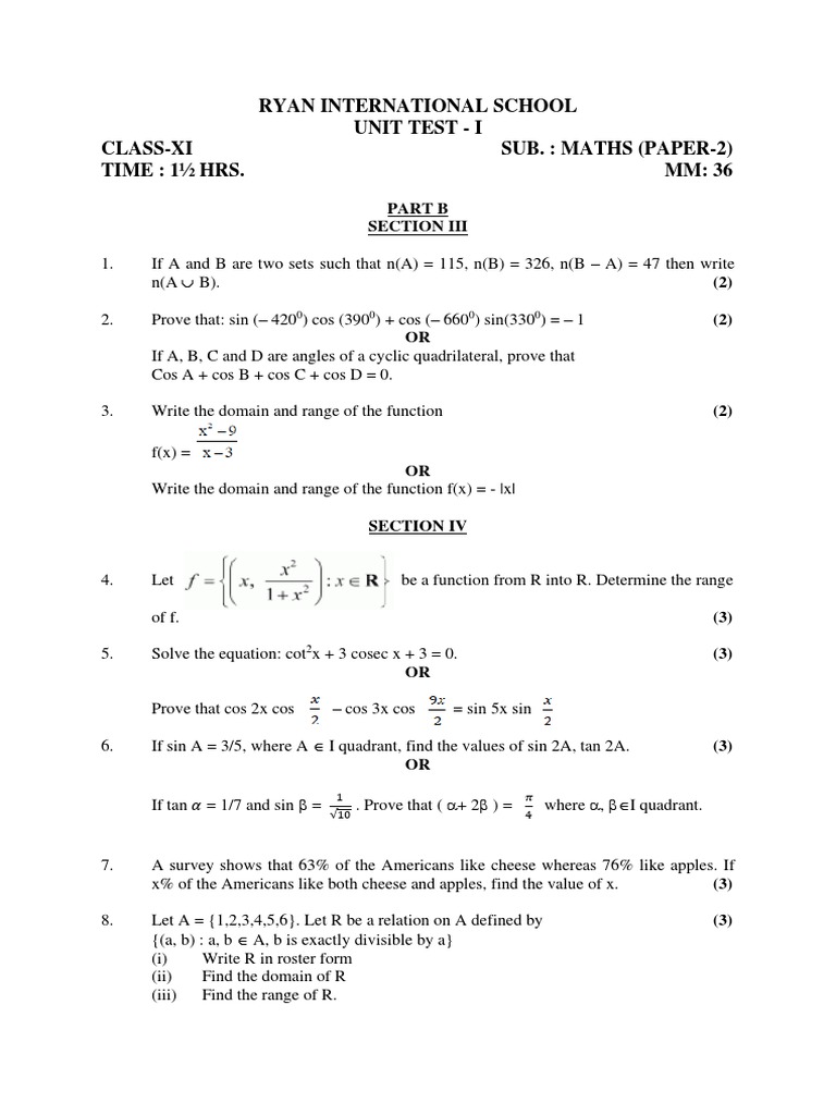 Ryan International School Unit Test - I Class-Xi Sub.: Maths (Paper-2 ...