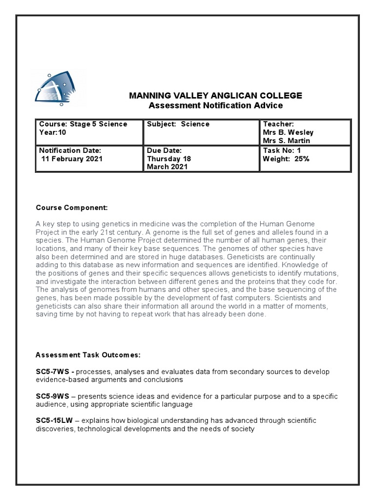 Year 10 Assessment Task 1 | PDF | Genetics | Gene