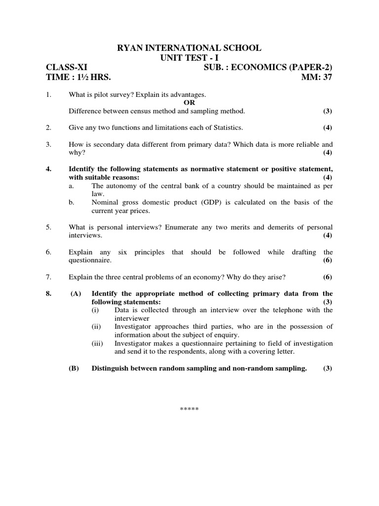 Class XI Economics Unit Test Questions | PDF