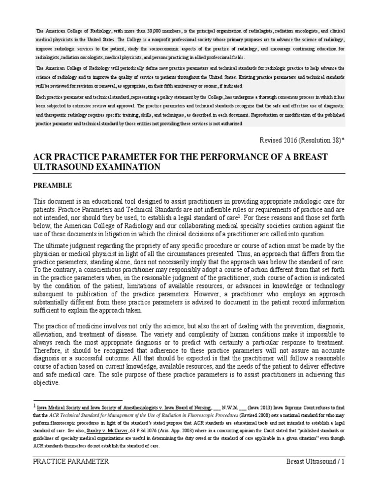 Acr Practice Parameter For Breast Ultrasound | PDF | Medical Ultrasound ...