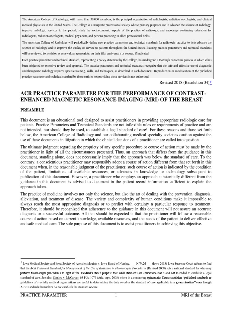 Acr Practice Parameter For Contrast Mri Breast | PDF | Mammography ...