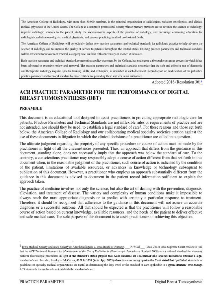 Acr Practice Parameter For Digital Breast Tomosynthesis DBT | PDF ...