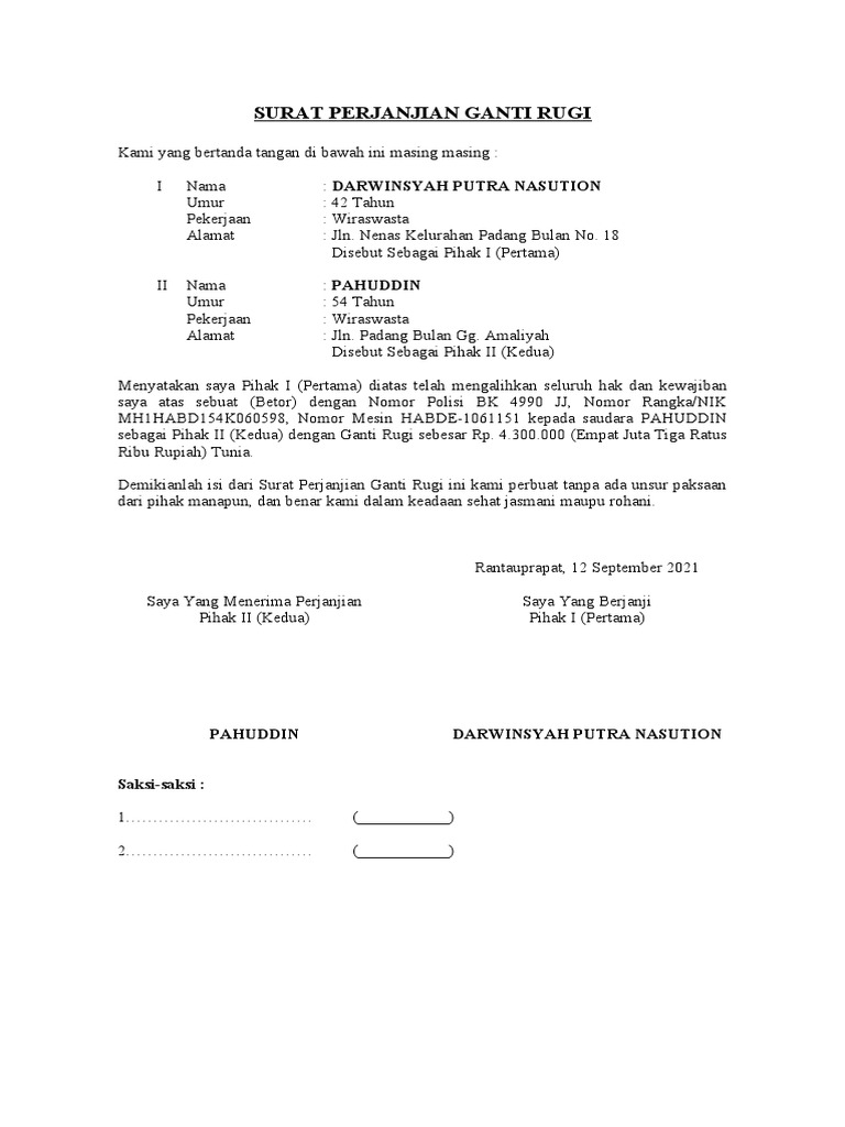 Surat Perjanjian Ganti Rugi | PDF