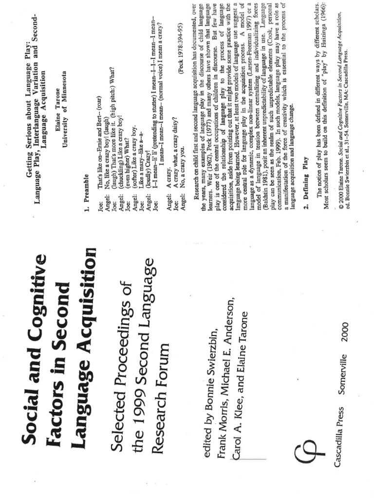 Tarone, E (2000) Getting Serious About Language Play-Language Play, Interlanguage Variation, and ...