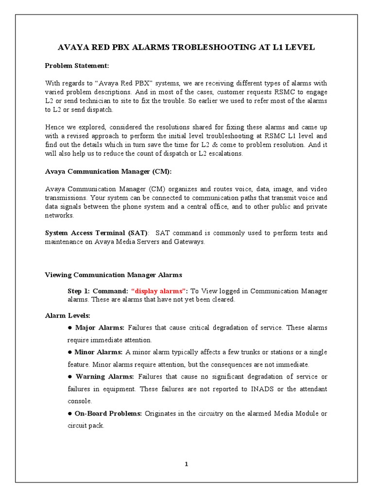Avaya Red PBX Alarms Troubleshooting Guide | PDF | Voice Over Ip ...